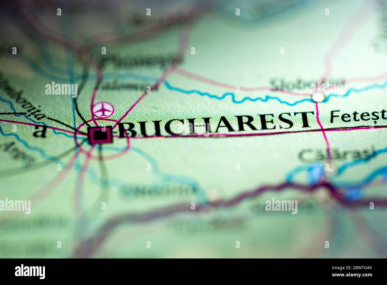 Shallow depth of field focus on geographical map location of Bucharest ...