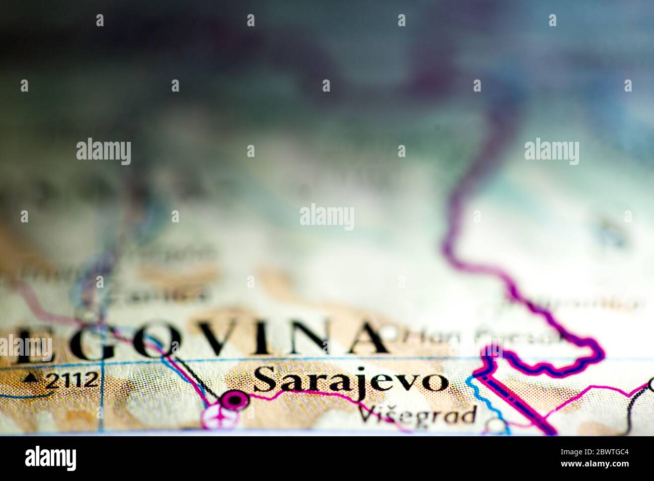 Shallow depth of field focus on geographical map location of Sarajevo ...