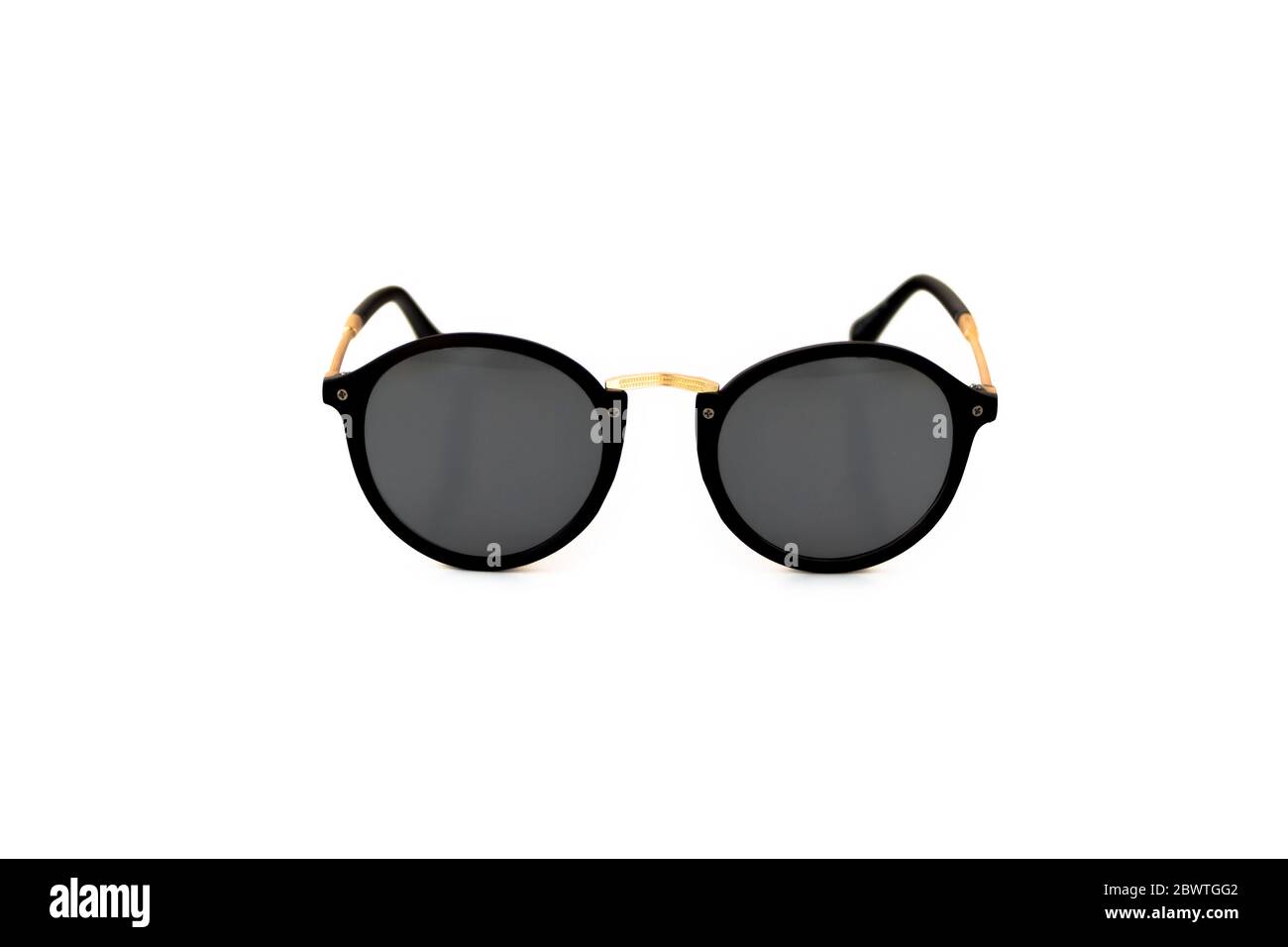 Black round sunglasses with thin frame at isolated white background ...