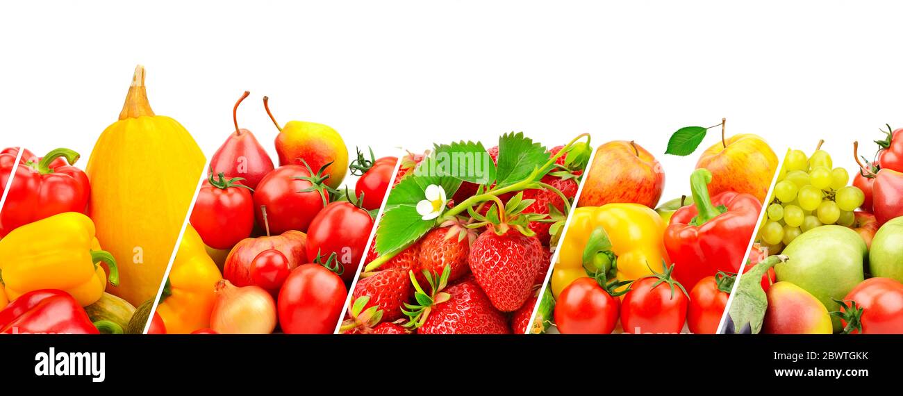 Different fruits and vegetables separated sloping lines isolated on ...