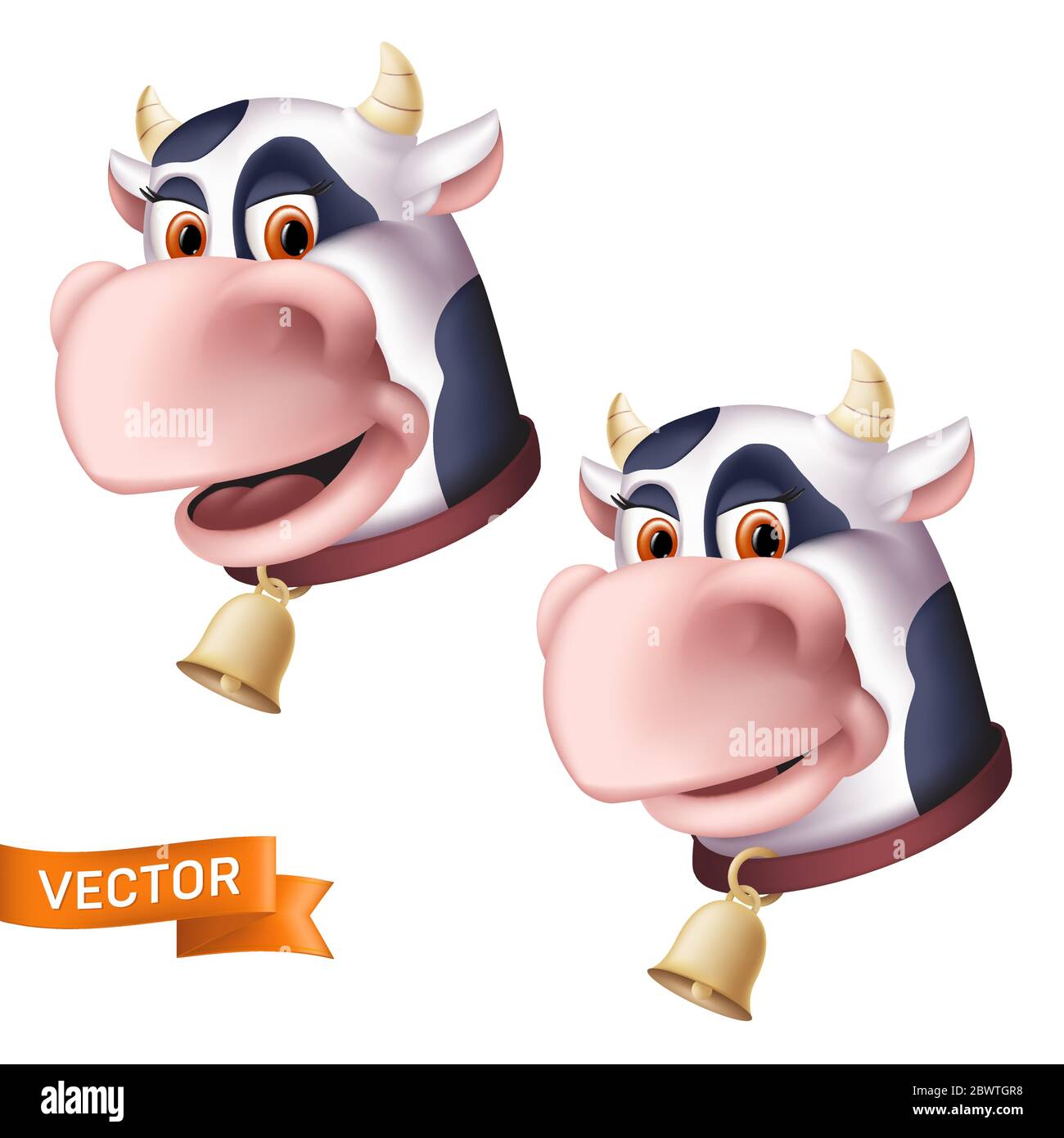 Smiling cartoon cow character head icons. Vector illustration of a ...