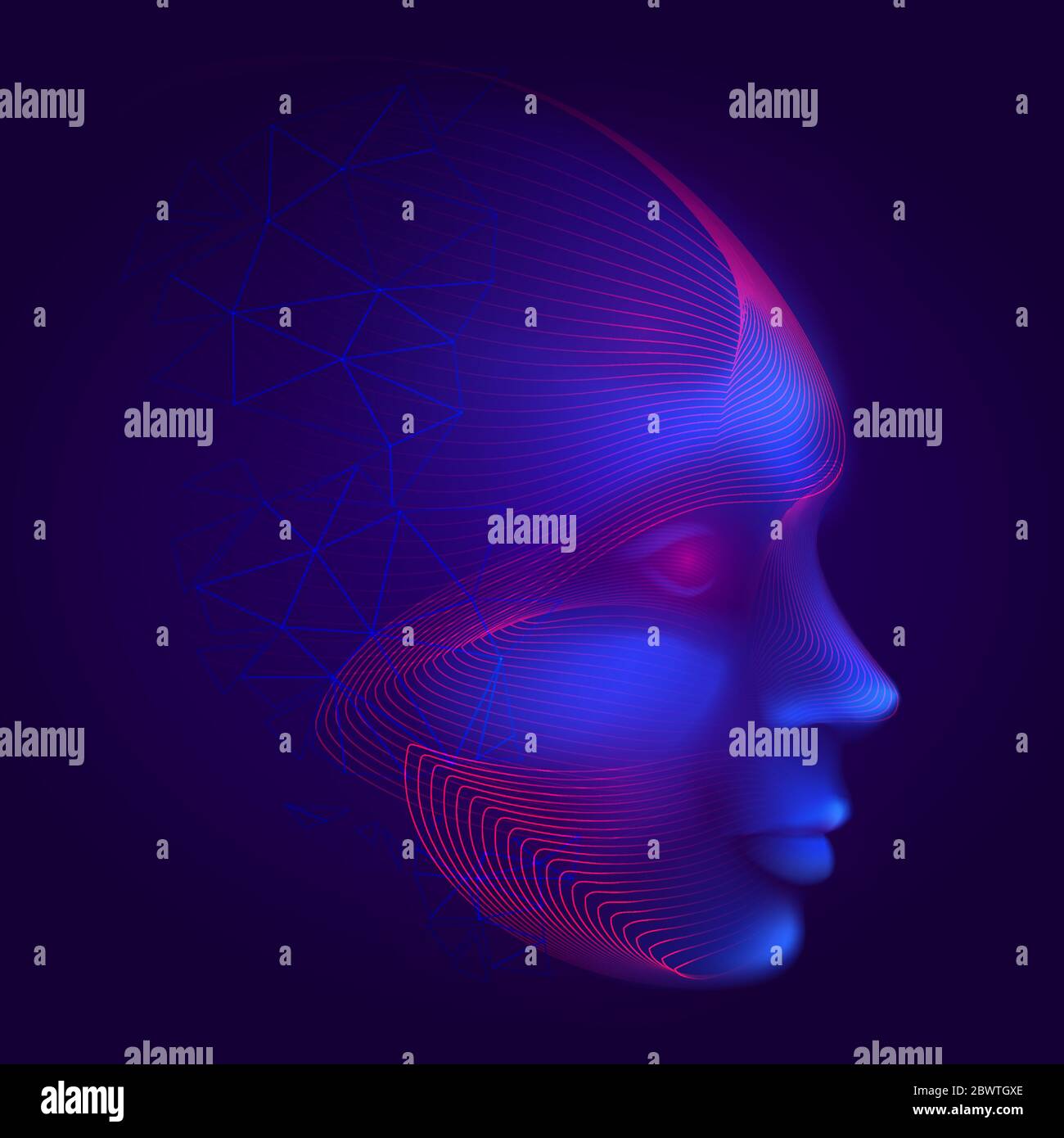 Cyber robotic human face consisting of lines, mesh and polygons ...