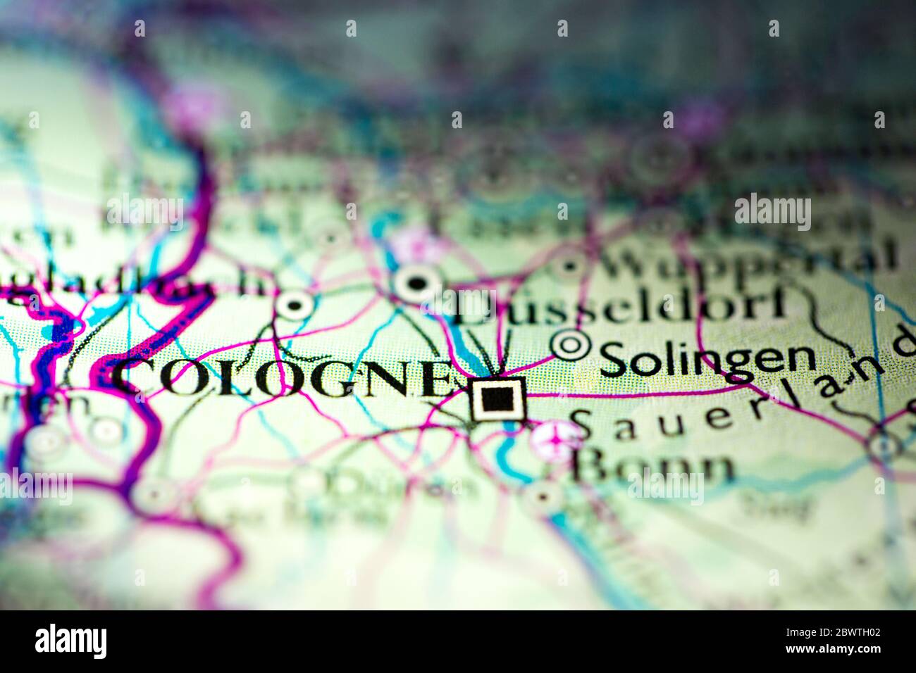 Shallow depth of field focus on geographical map location of Cologne ...