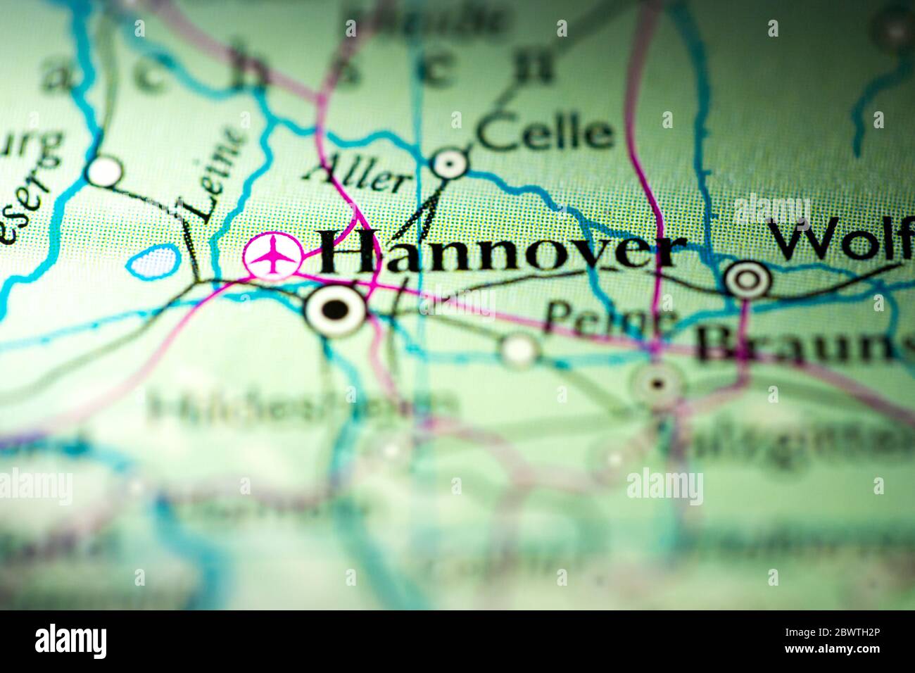 Shallow depth of field focus on geographical map location of Hannover ...