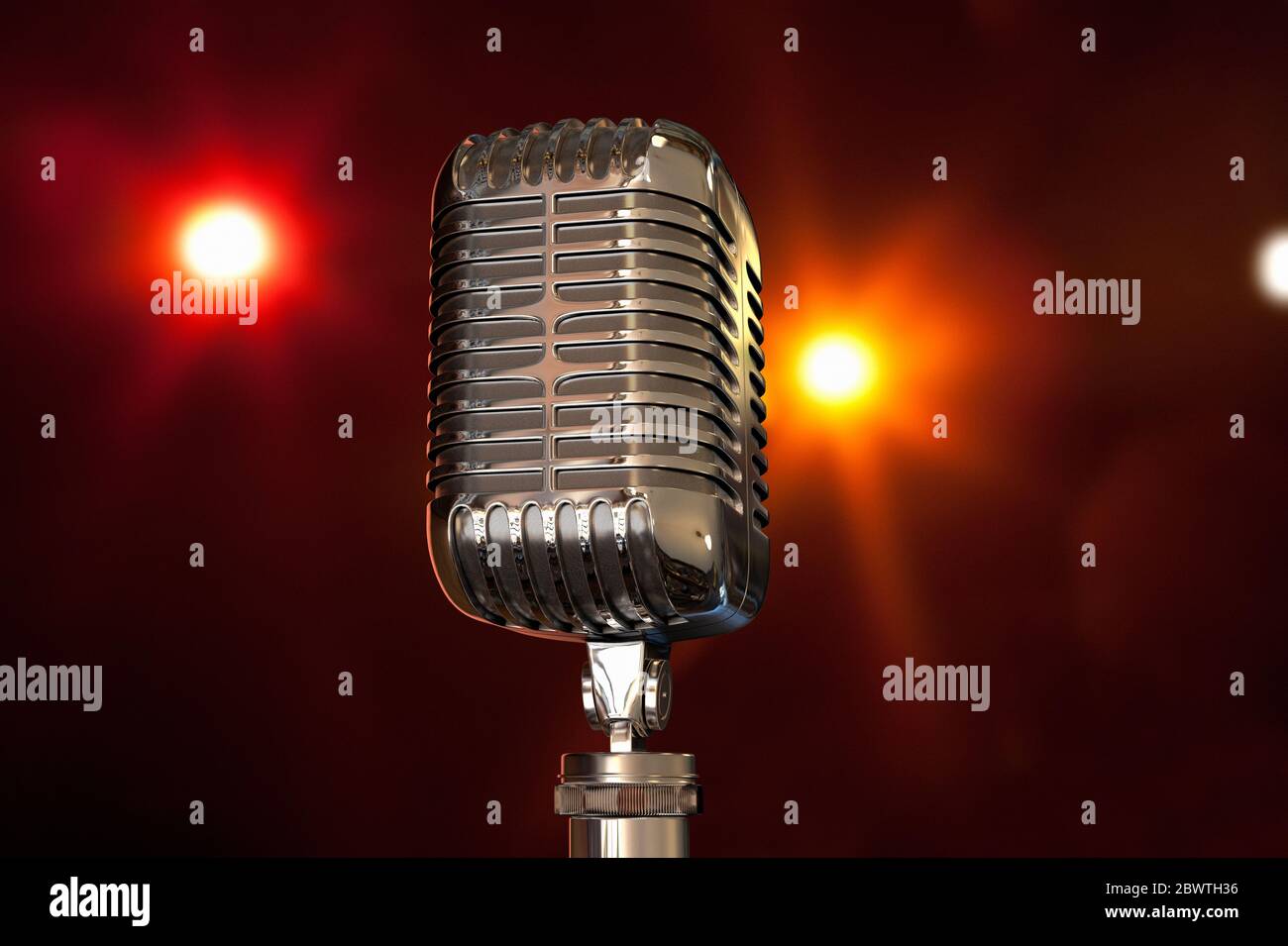 3D rendering of a retro vintage microphone on the stage with spot ...