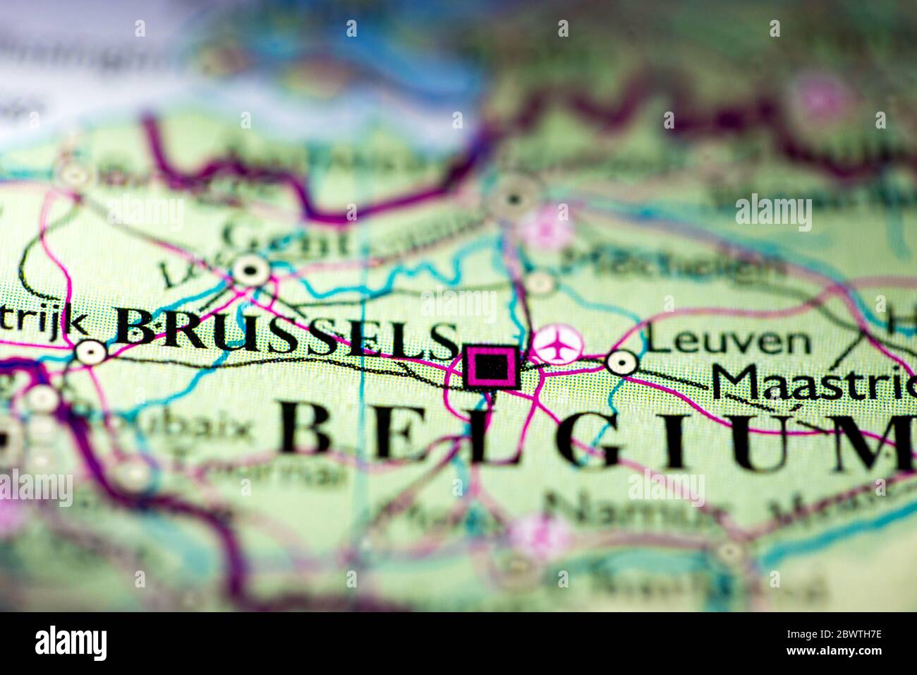 Shallow depth of field focus on geographical map location of Brussels ...