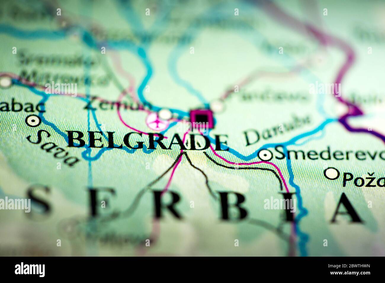 Shallow depth of field focus on geographical map location of Belgrade ...