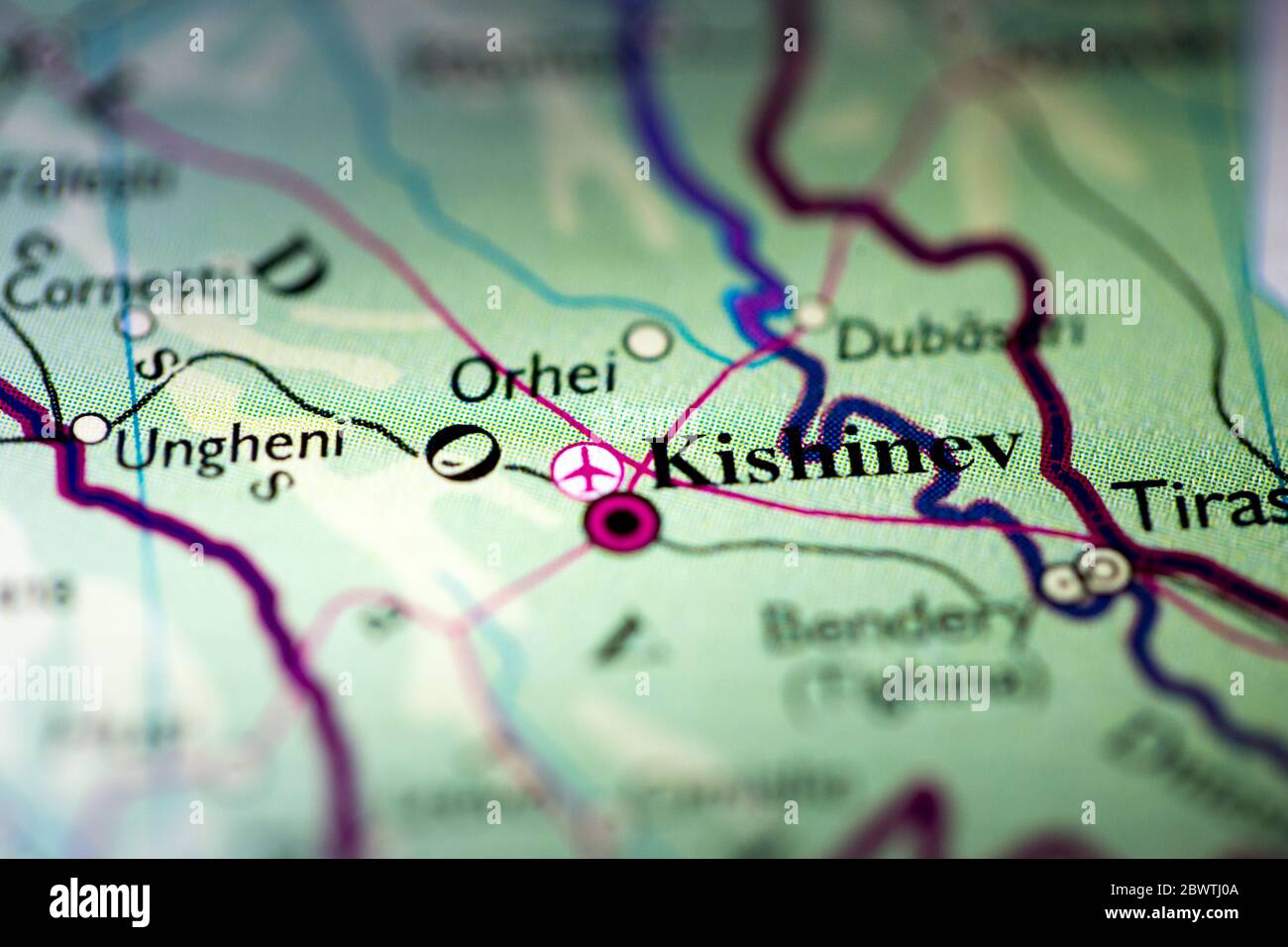 Shallow depth of field focus on geographical map location of Kishinev ...