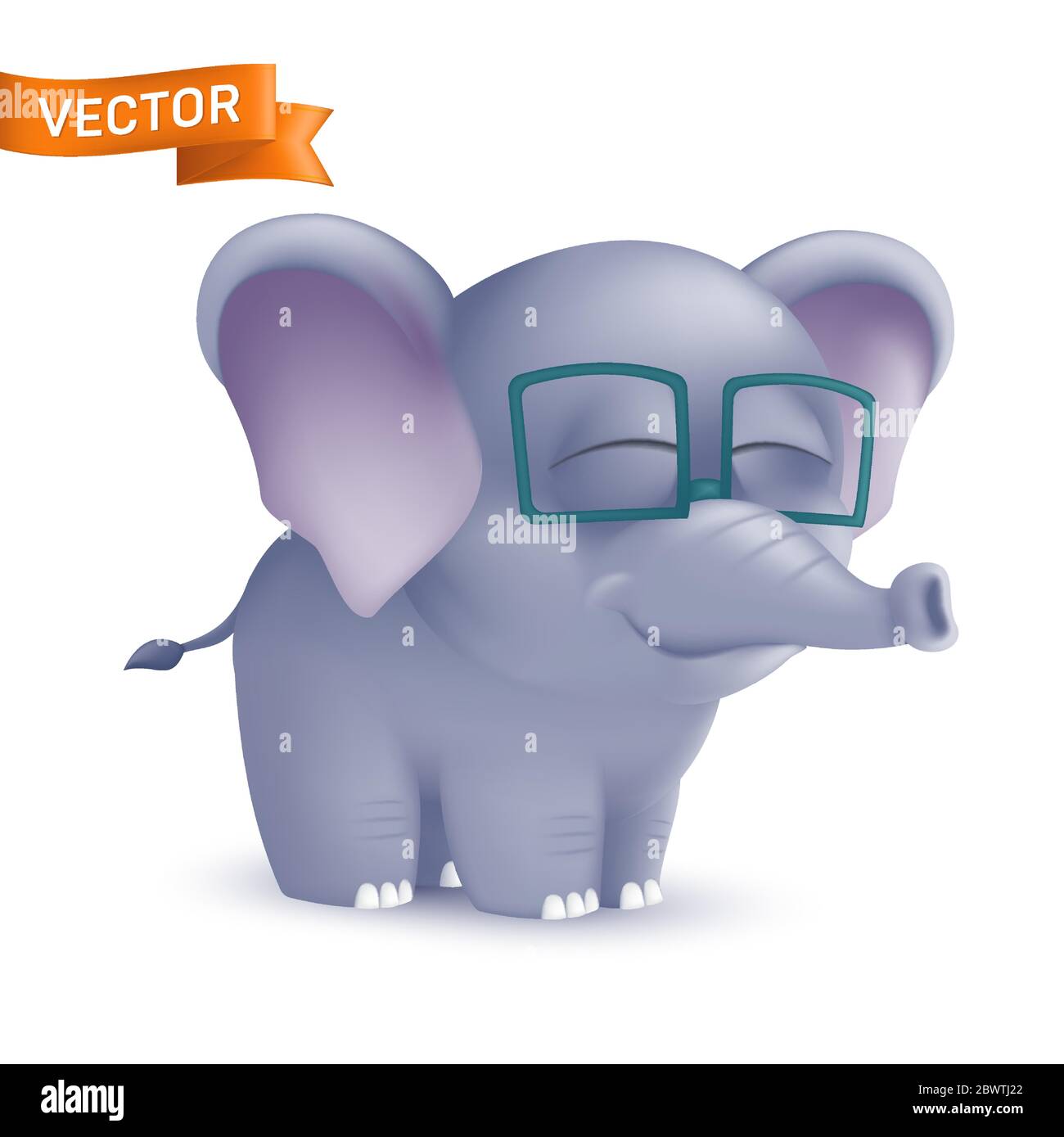 Cute standing and squinting cartoon baby elephant character in glasses ...