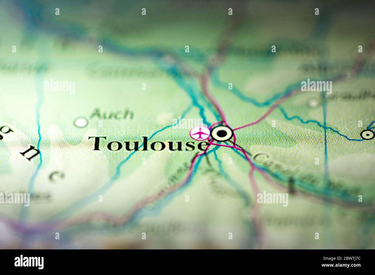 Shallow depth of field focus on geographical map location of Toulouse ...