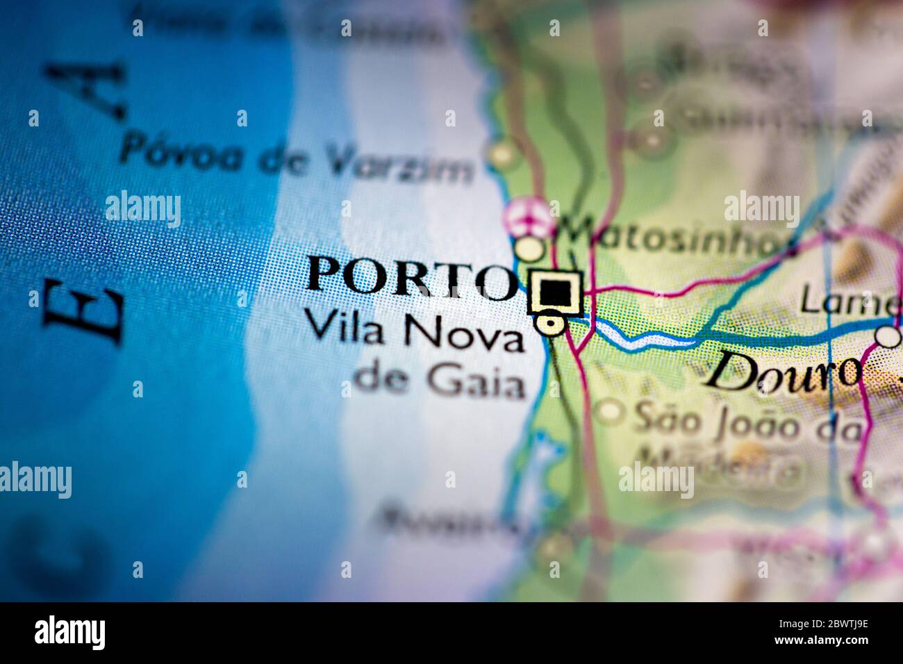 Shallow depth of field focus on geographical map location of Porto city ...