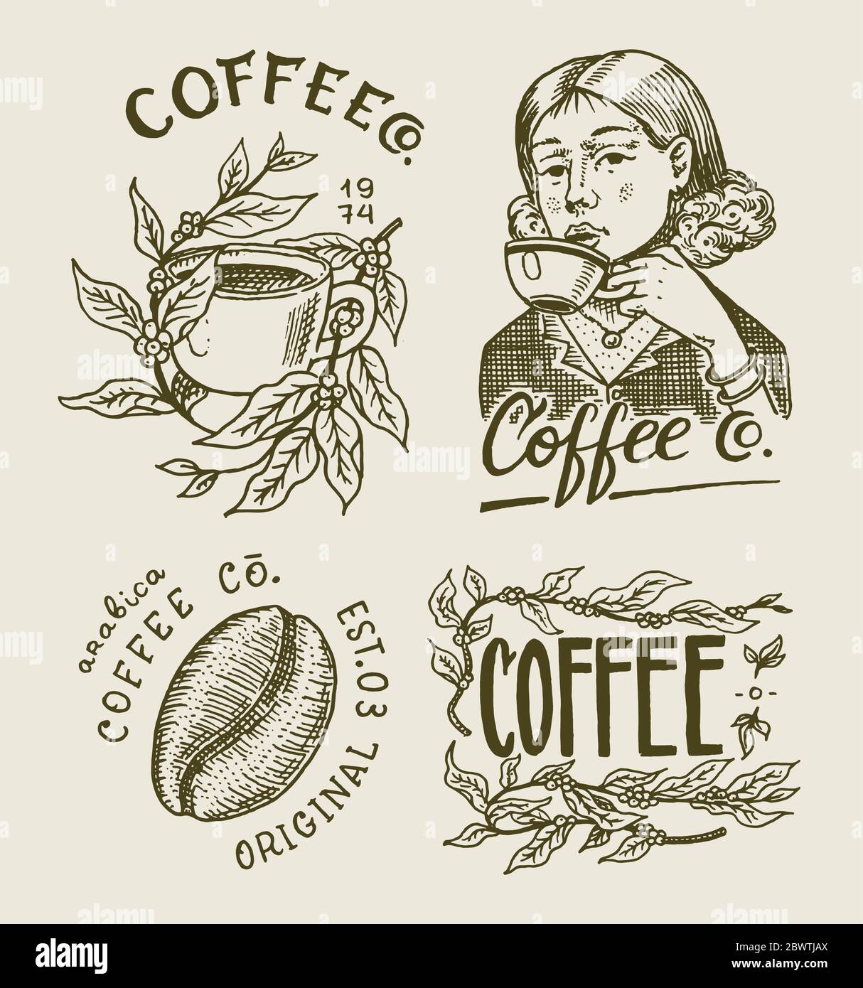 Coffee shop logo and emblem. Cacao beans, grains and Jug, cup of drink ...
