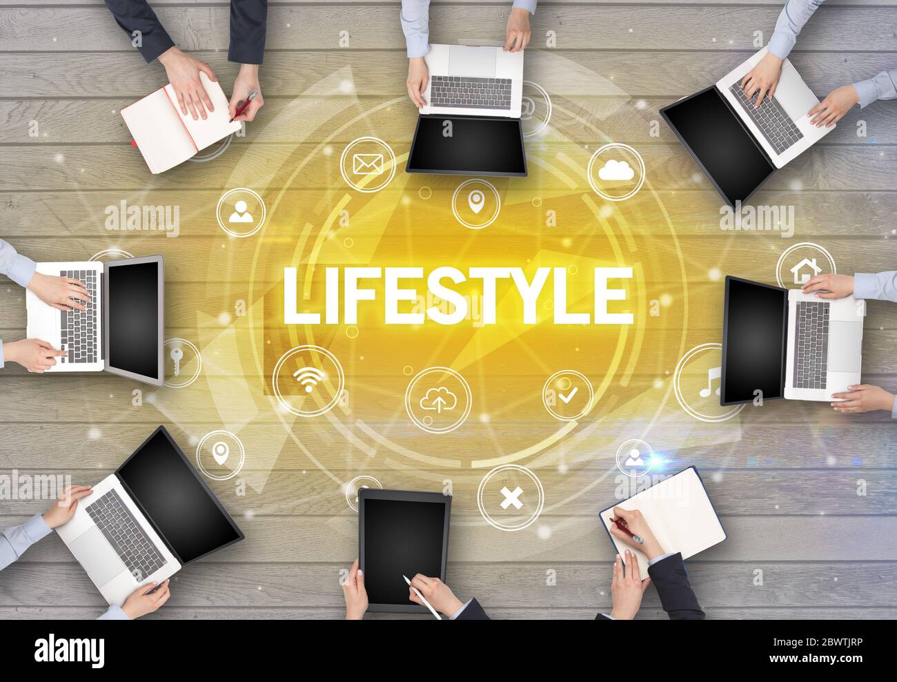 Group of people having a meeting with LIFESTYLE insciption, social ...