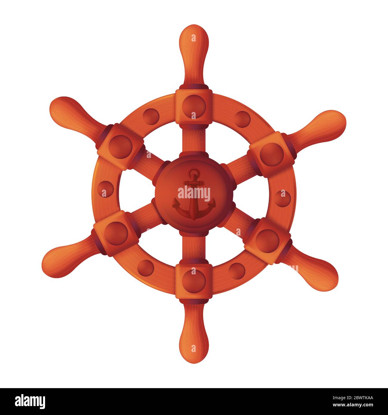 Boat Rudder or steering wheel with wooden texture and anchor on the ...
