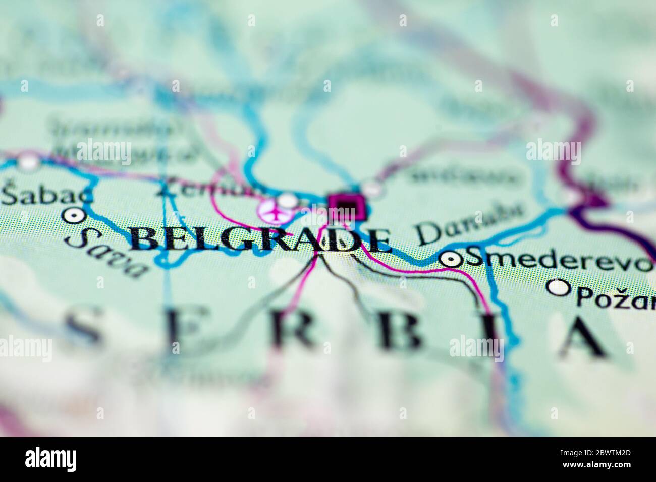 Shallow depth of field focus on geographical map location of Belgrade ...