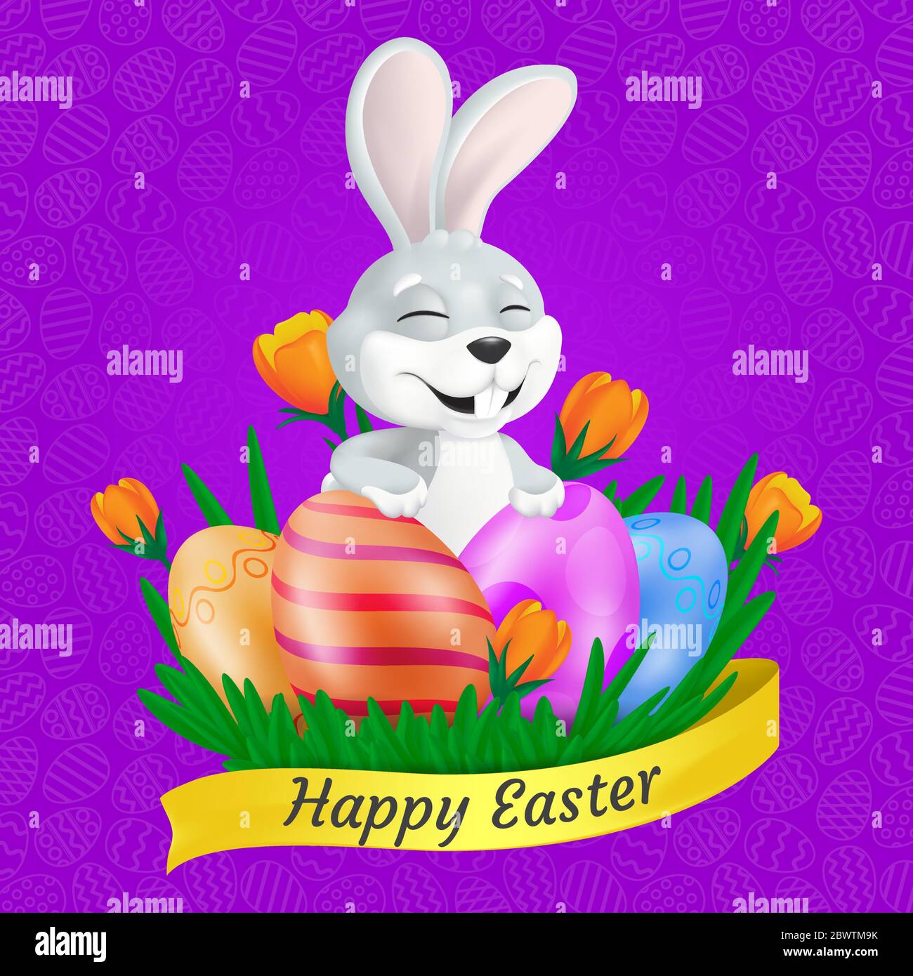 Cute smiling Easter Bunny with painted eggs on the grass, orange tulips ...