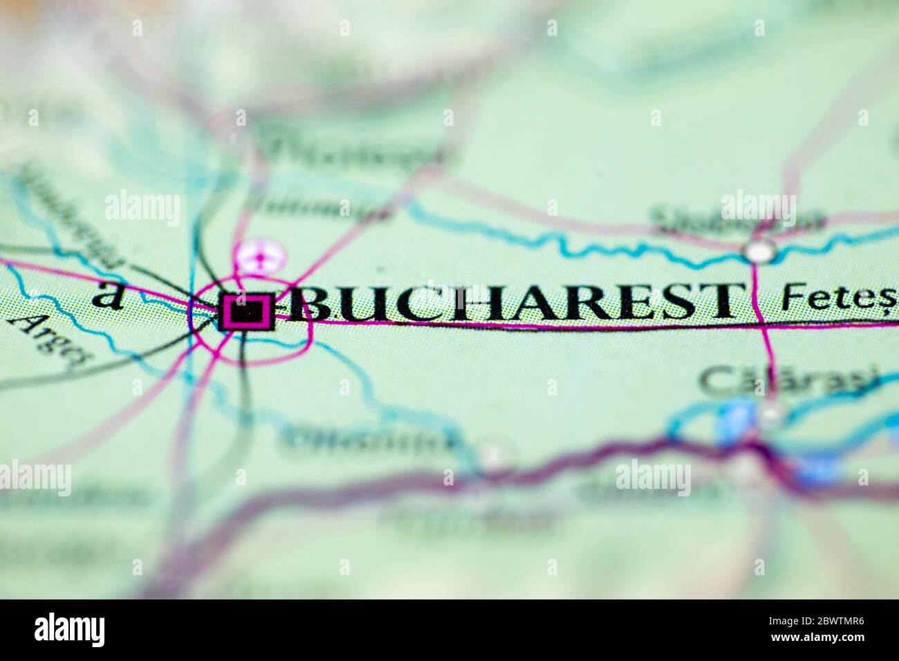 Shallow depth of field focus on geographical map location of Bucharest ...