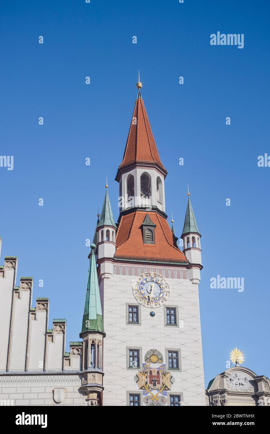 Germany, Bavaria, Munich, Low angle view of Old Town Hall clock tower ...