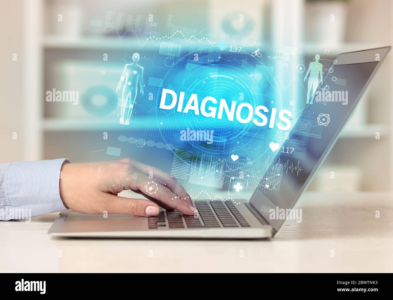 Doctor working a health check with DIAGNOSIS inscription, recording ...