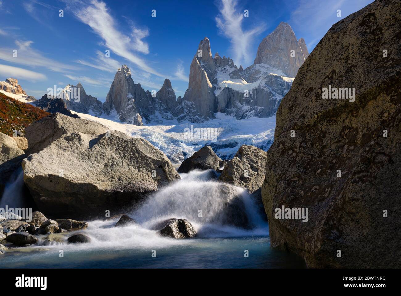 Mount Fitz Roy and waterfall, El Chalten, Patagonia, Argentina Stock ...