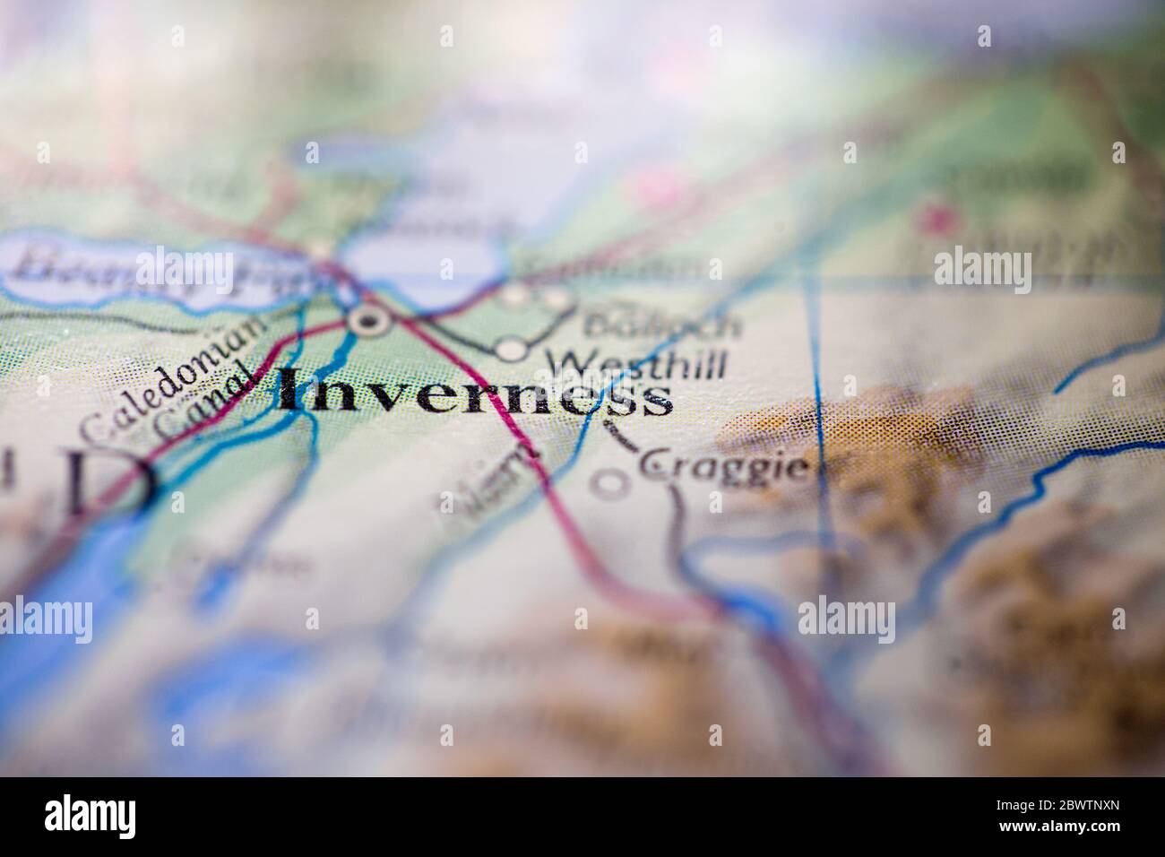 Shallow depth of field focus on geographical map location of Inverness ...