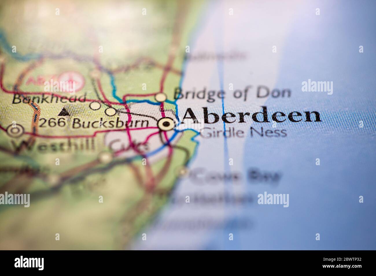 Shallow depth of field focus on geographical map location of Aberdeen ...