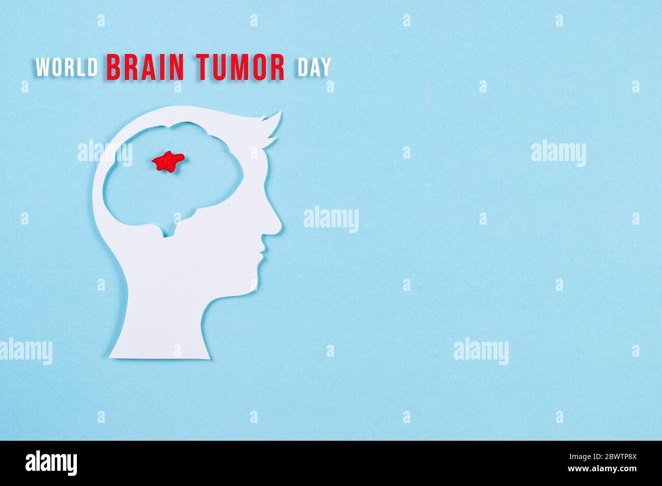 World Brain Tumor Day. Top view of cut paper brain with red tumor on ...