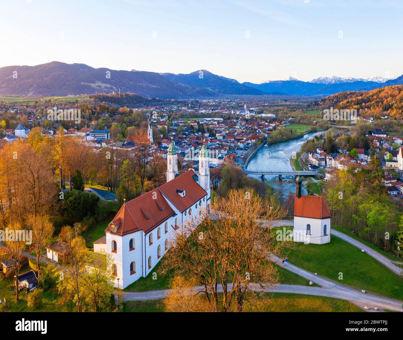 Germany, Bavaria, Bad Tolz, Drone view of Kreuzkirche at springtime ...