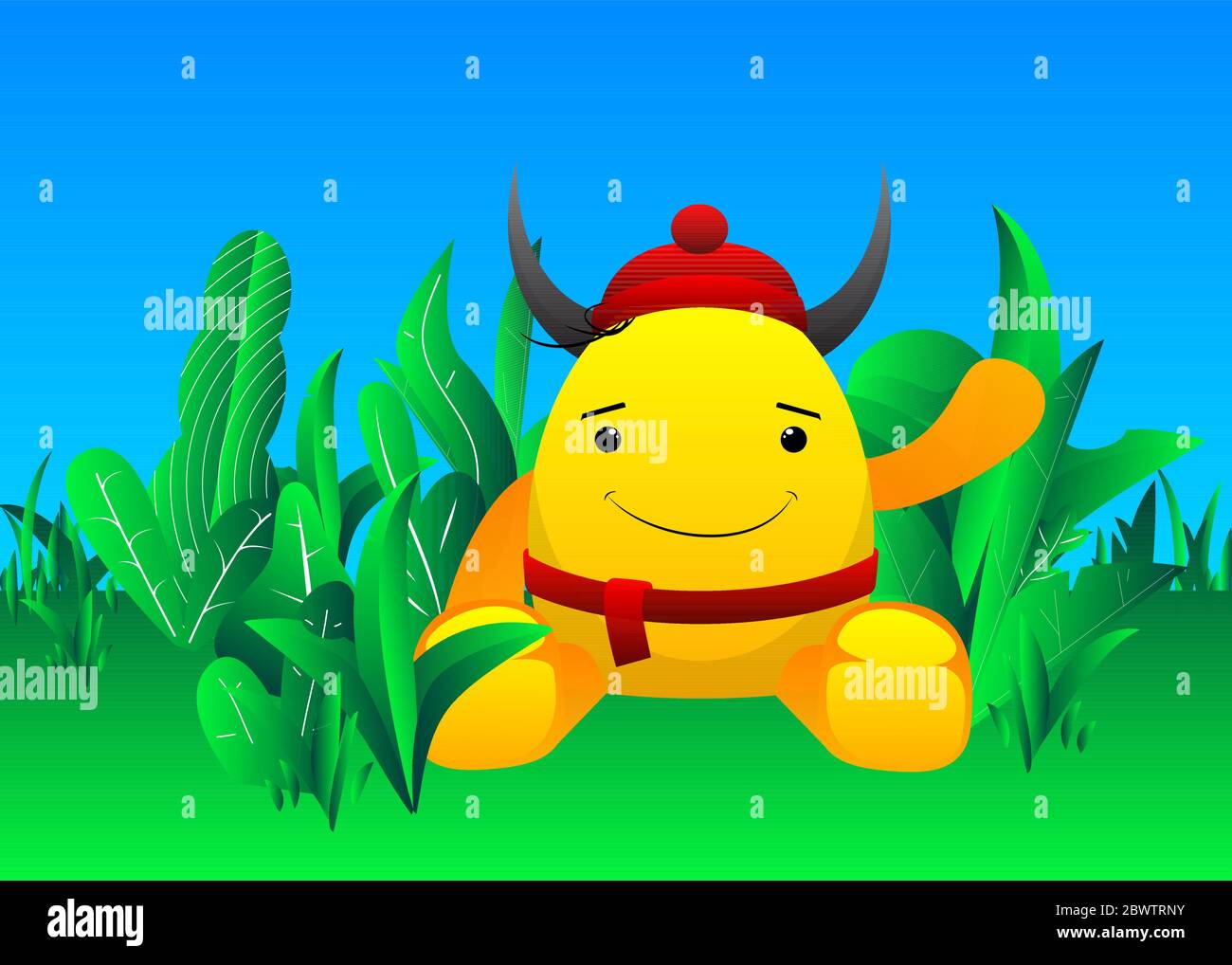 Little yellow monster with horns wearing a cap and scarf sitting on a ...