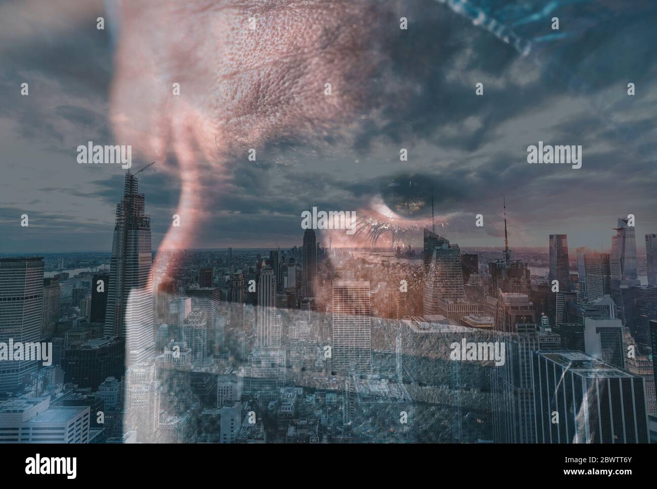 Aerial view of New York, with doctor wearing face mask, multiple ...