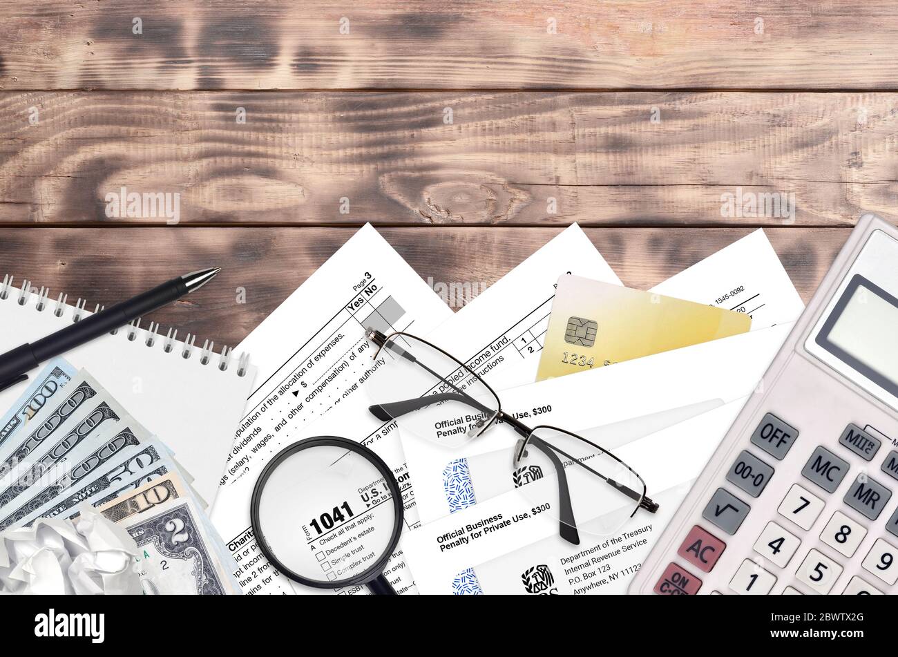 IRS form 1041 Income tax return for estates and trusts lies on flat lay ...