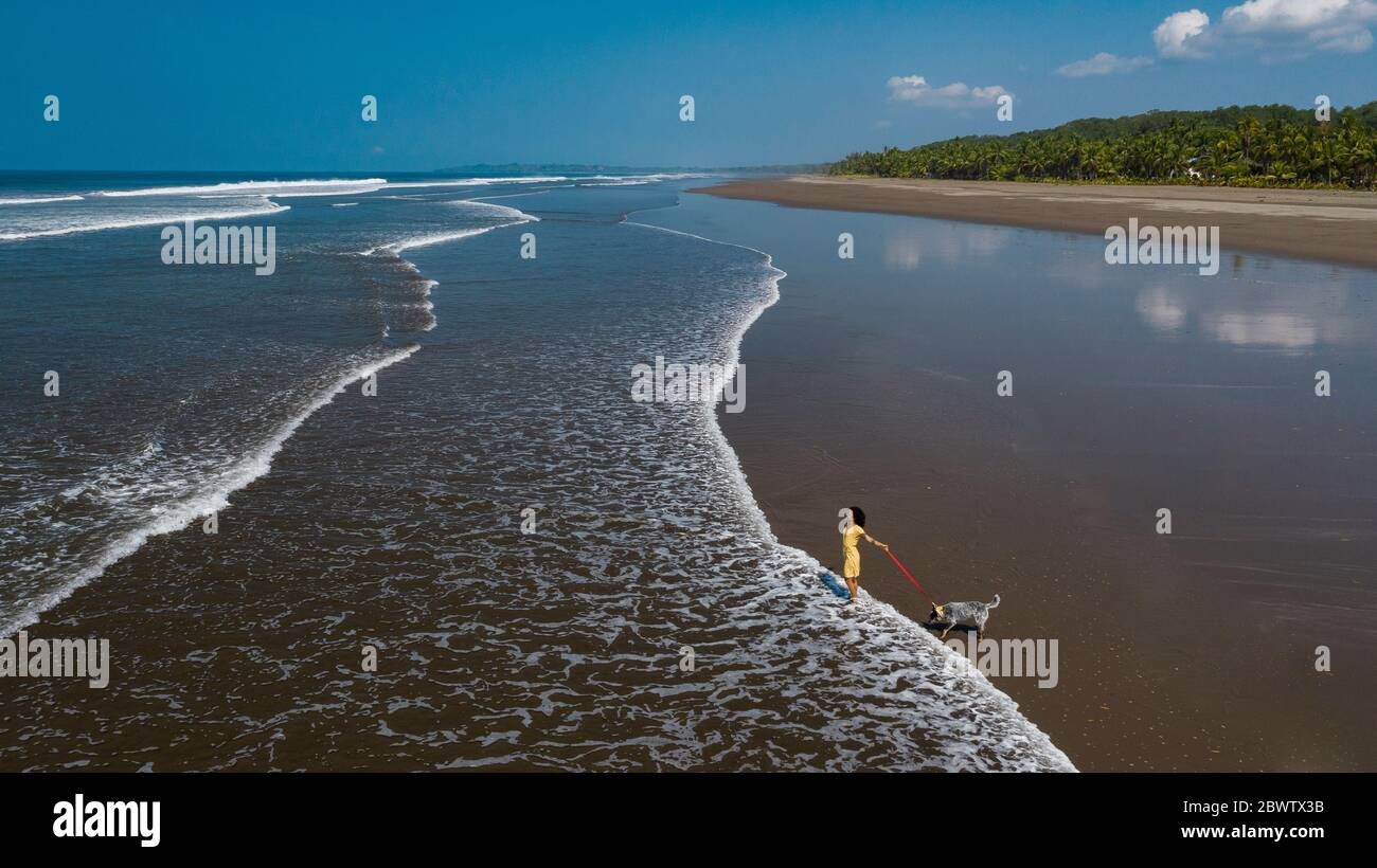 Young woman taking her dog for a walk at the beach, Costa Rica Stock ...