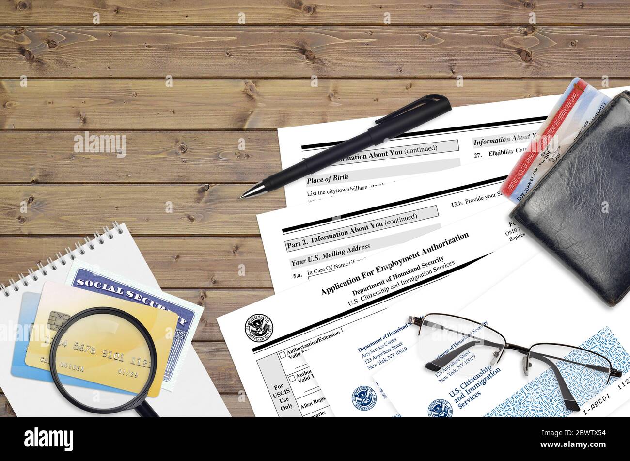 USCIS form I-765 Application for employment authorization lies on flat ...