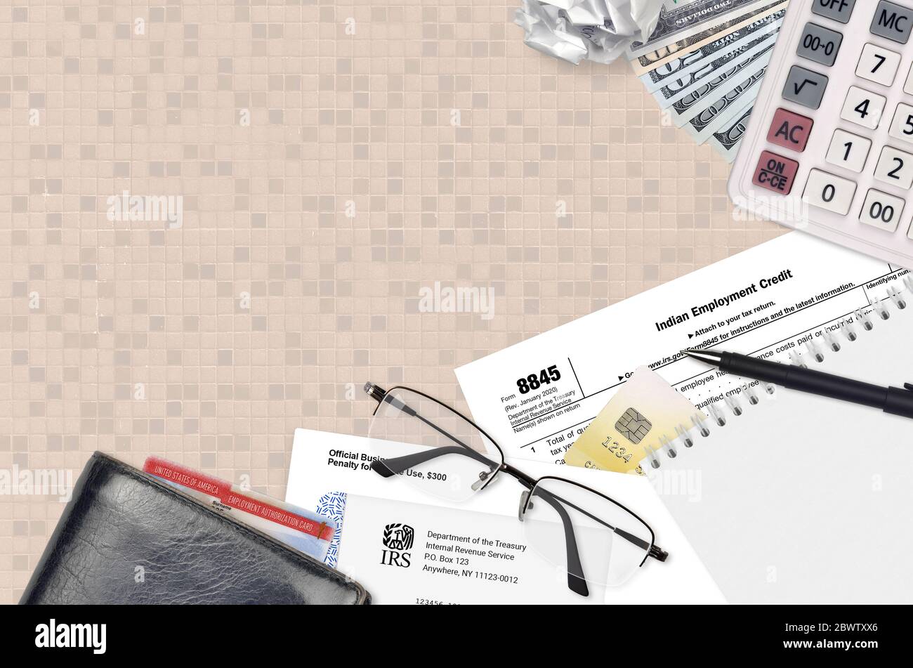 IRS form 8845 Indian Employment credit lies on flat lay office table ...