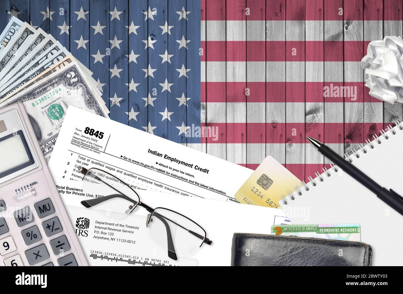IRS form 8845 Indian Employment credit lies on flat lay office table ...