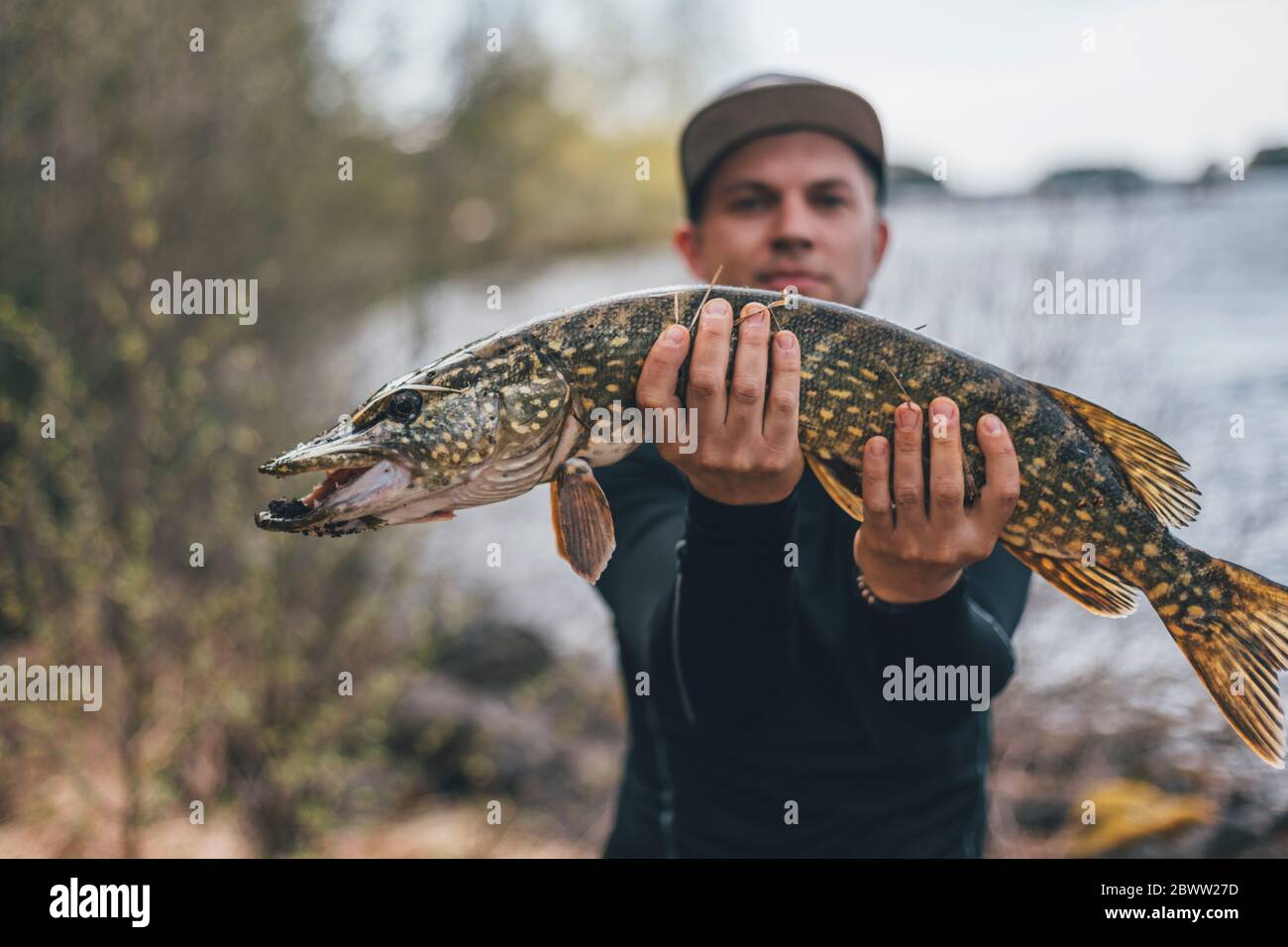 Young man holding proudly pike into camera Stock Photo - Alamy