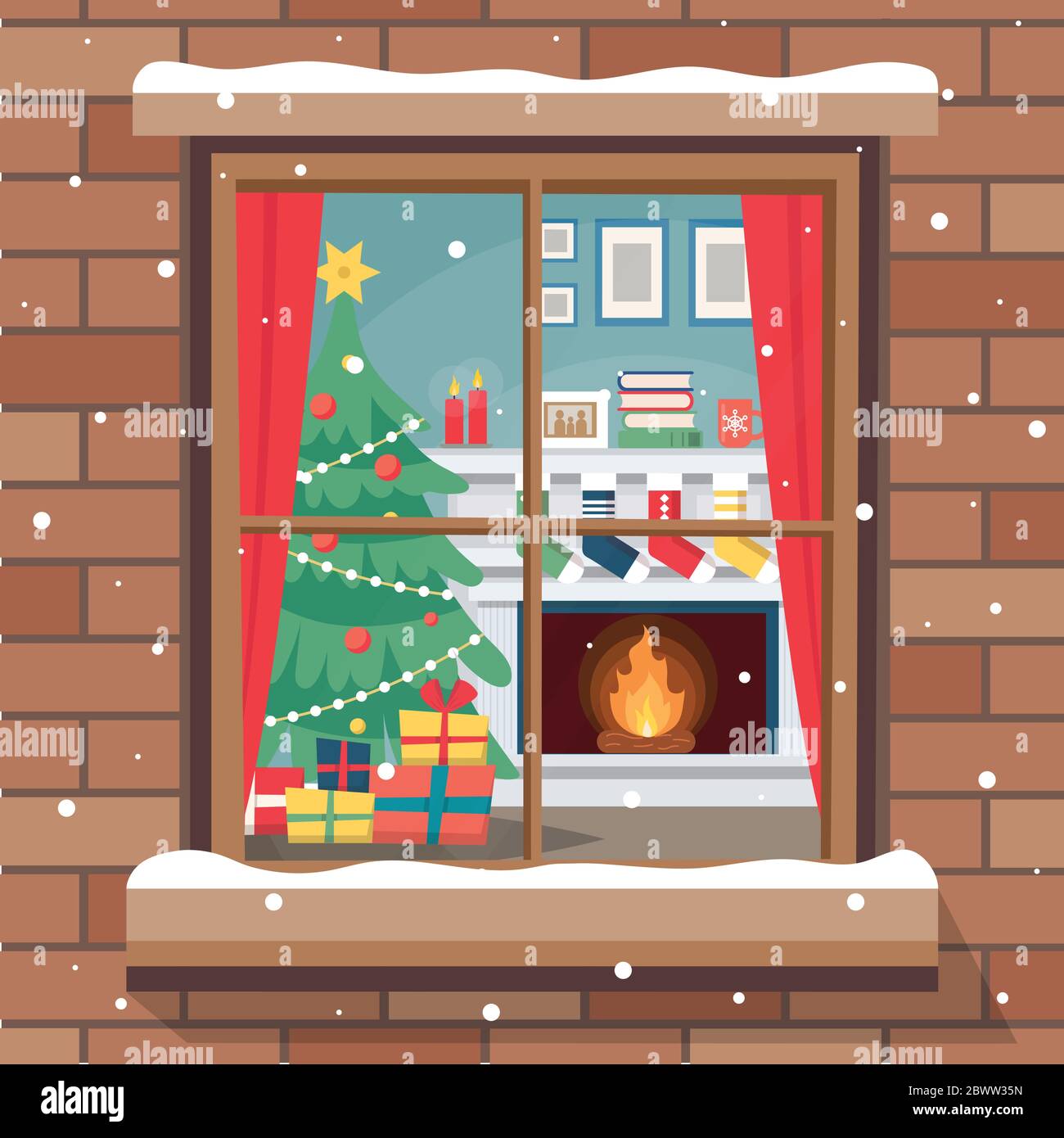 Christmas window with cozy room, christmas tree and fireplace. Merry ...