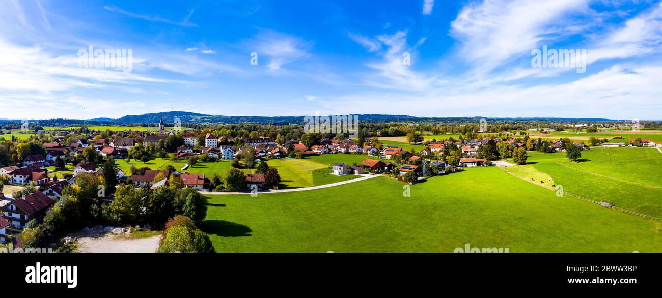 Germany, Bavaria, Wessobrunn, Helicopter panorama of countryside town ...