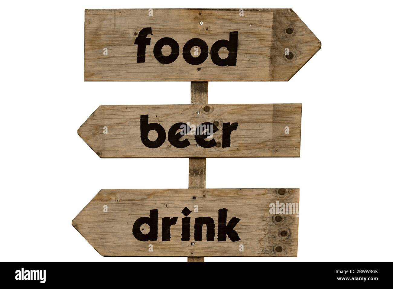Food, beer and drink sign on a wood arrow shape isolated on white ...