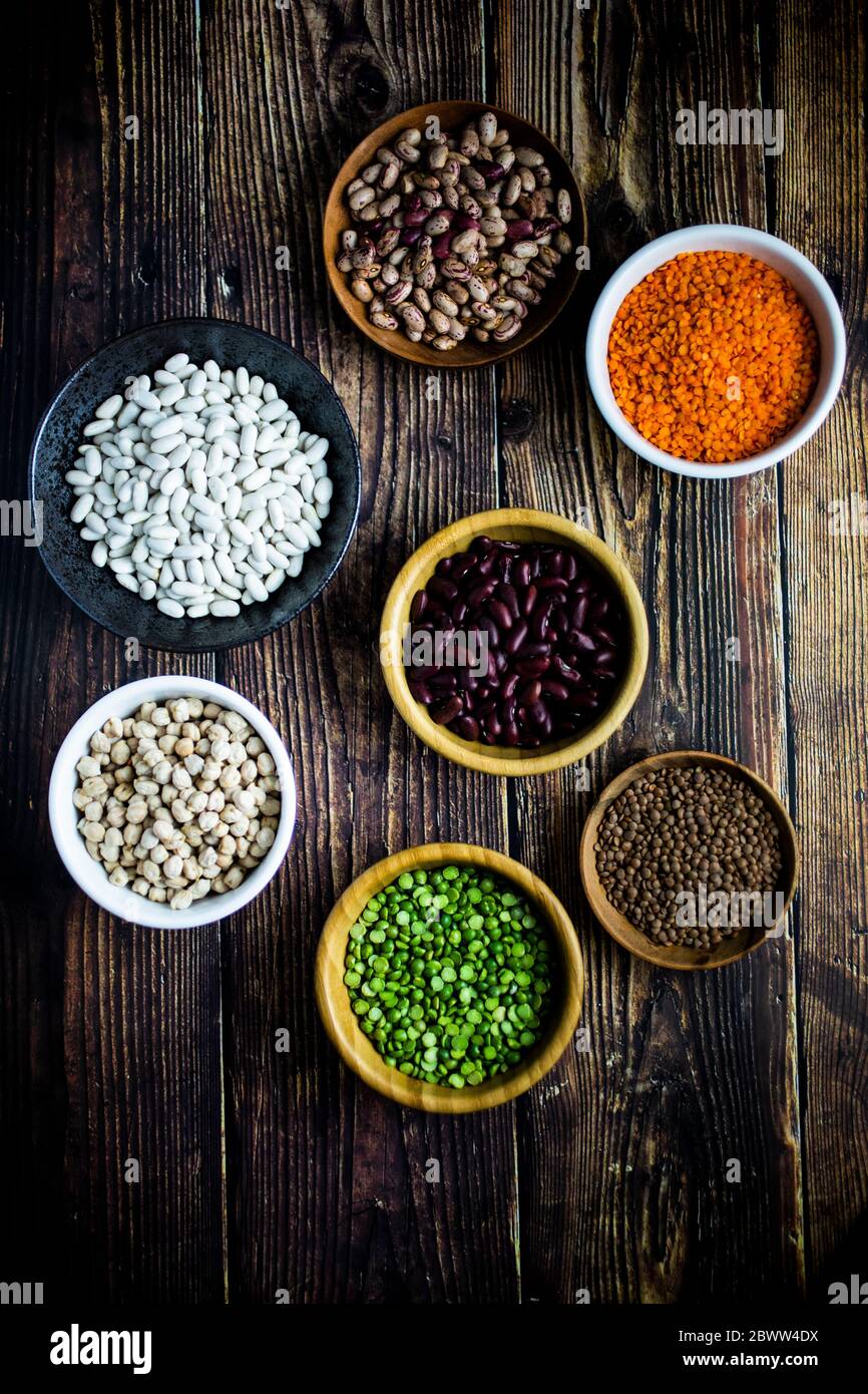 Bowls of various beans and lentils Stock Photo - Alamy