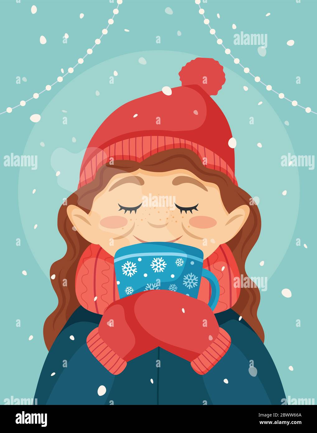 Girl holding a cup of hot chocolate, cute winter vector illustration in ...