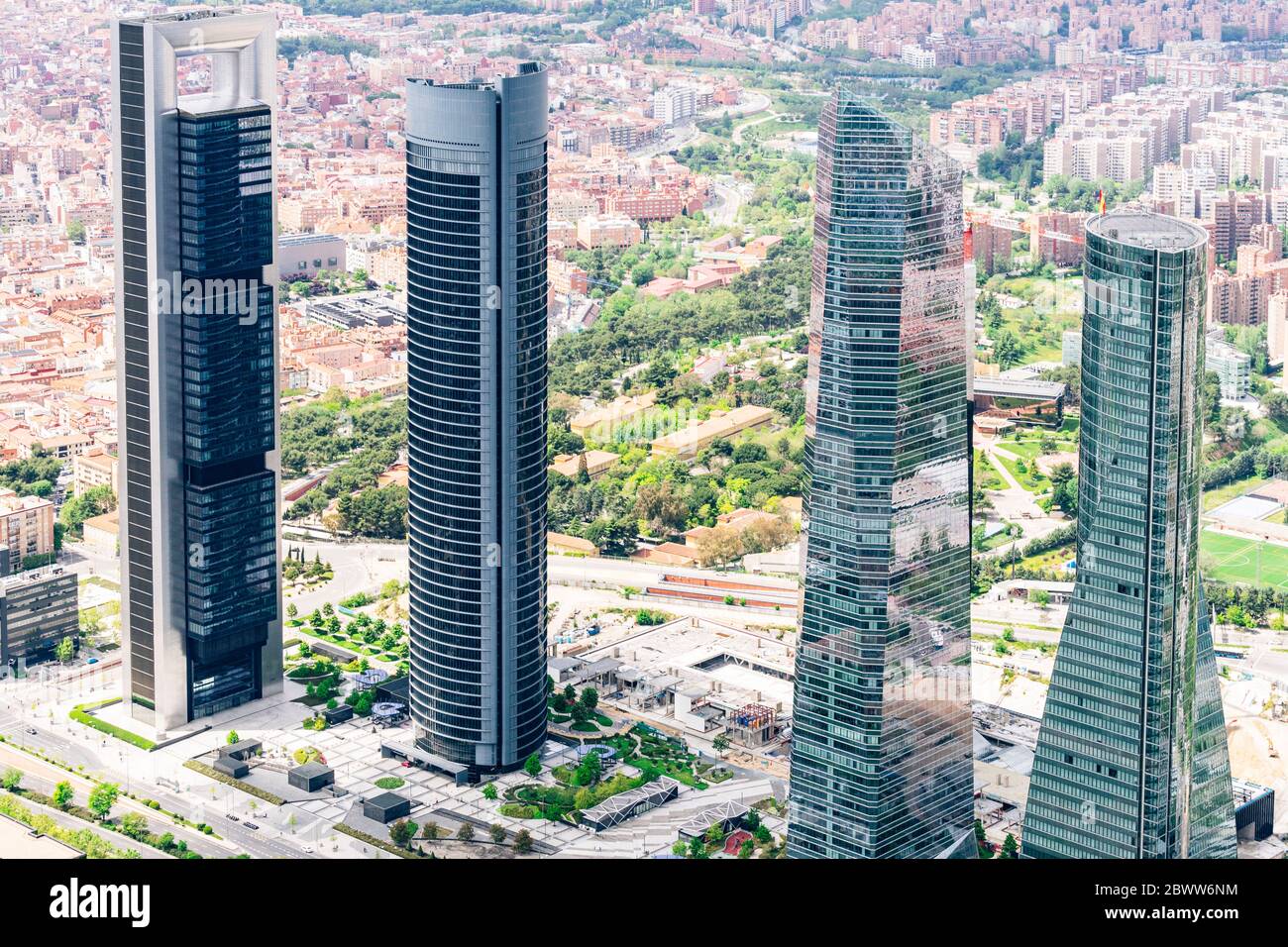 Spain, Madrid, Helicopter view of Cuatro Torres Business Area Stock ...