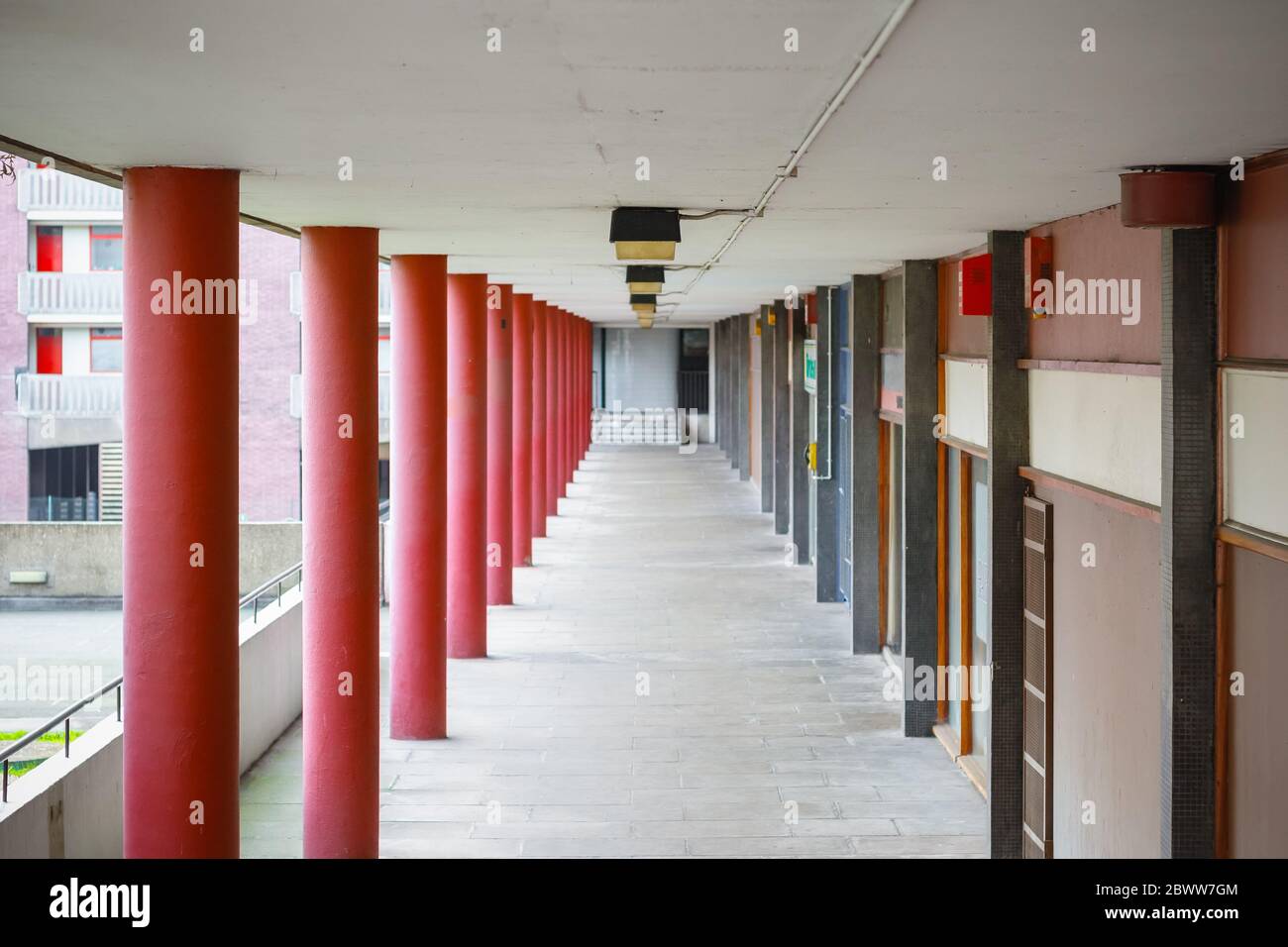 Outdoor communal corridor at Golden Lane Estate a council housing block ...