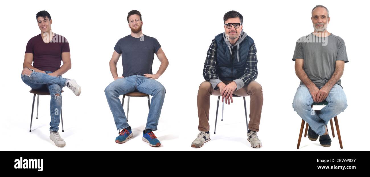 group of man sitting on chair on white background Stock Photo - Alamy