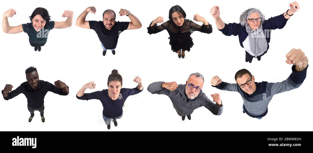 group of people doing strength and biceps on a white background Stock ...