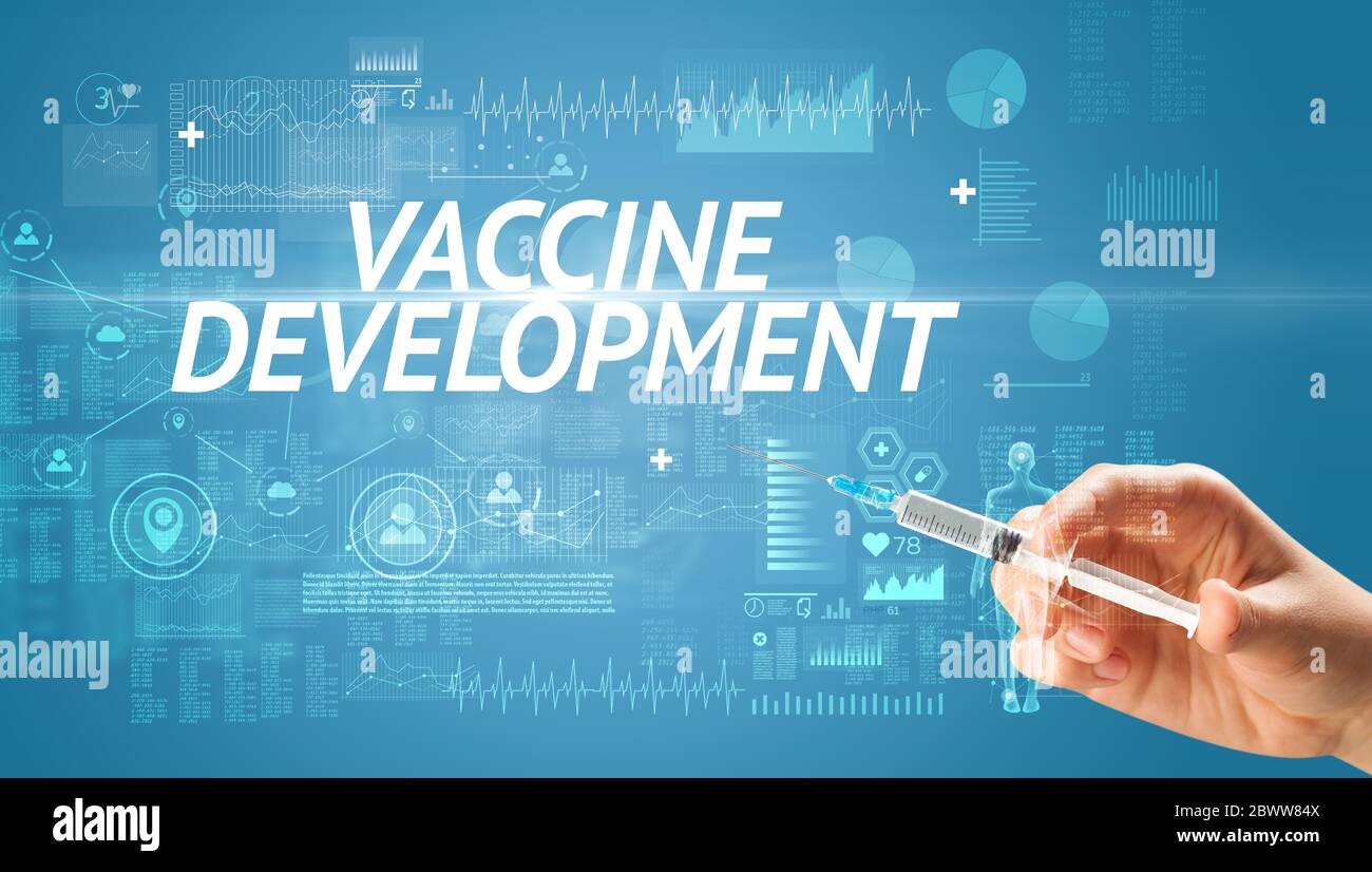 Syringe needle with virus vaccine and VACCINE DEVELOPMENT inscription, antidote concept Stock ...