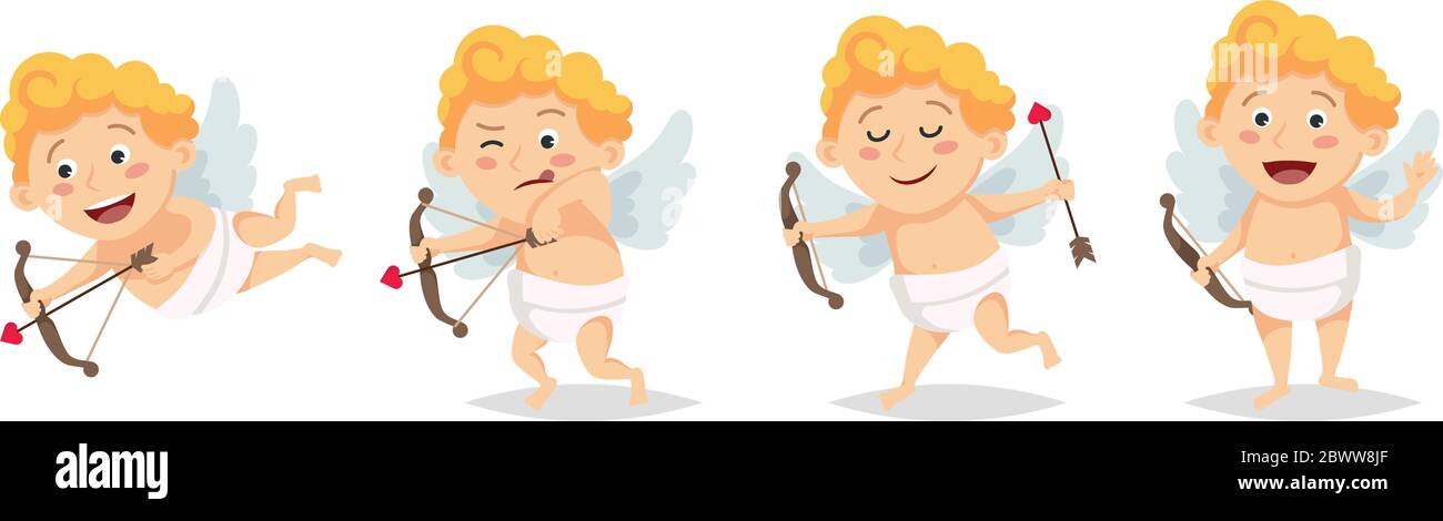 Cute Cupid character set in different poses isolated on white. Happy ...
