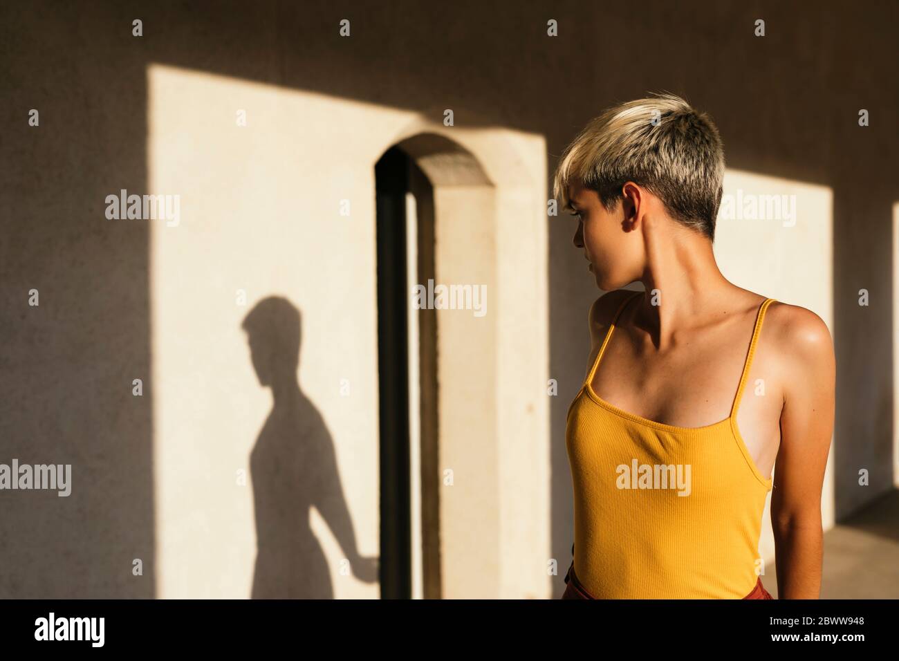 Portrait of blond female teenager and her shadow on the wall Stock ...