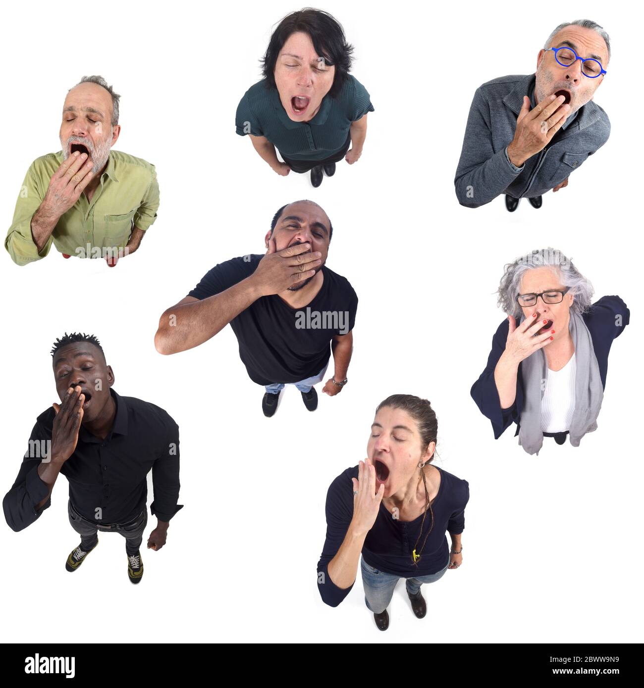 group of people yawning on white background Stock Photo - Alamy