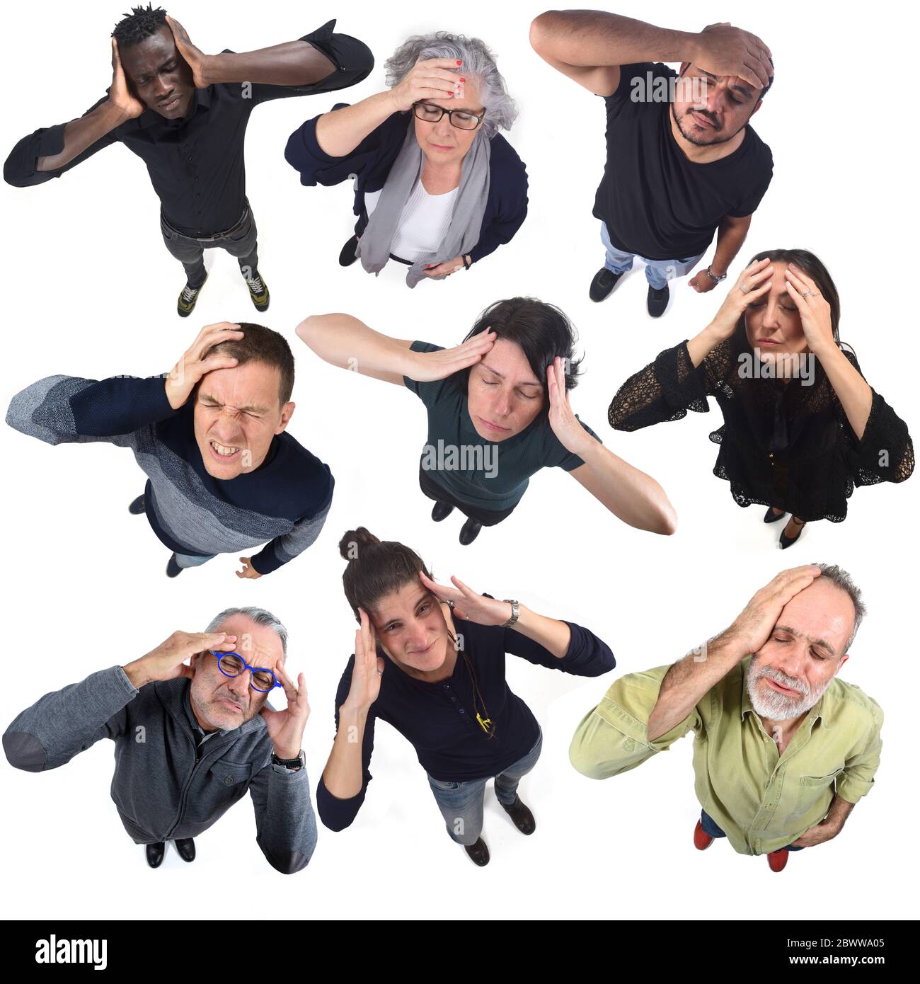 group of people with headache on white Stock Photo - Alamy
